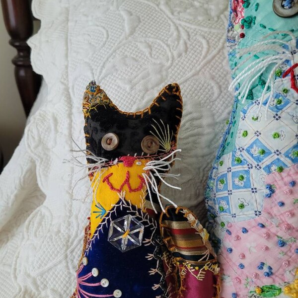 Vintage Star Quilt Cat & Her Kittens Pillow Handmade 13x9 Primitive ...