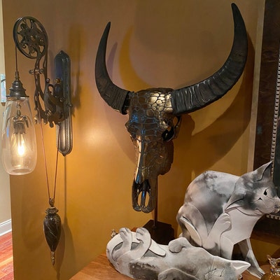Real Buffalo Skull on Pedestal, Buffalo Skull Decorated Metalized ...