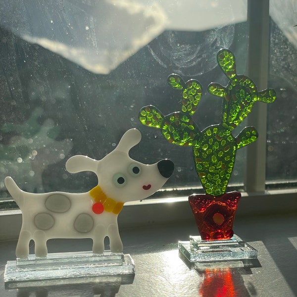 Fused Glass Dog With Yellow Collar, Dog Figurine, Dog Gift, White Dog ...