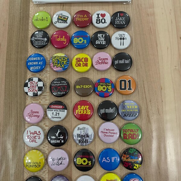 Everything 80's Buttons (40 Pack) Party Favors, 80s Pins, 1" or 1.5" or ...