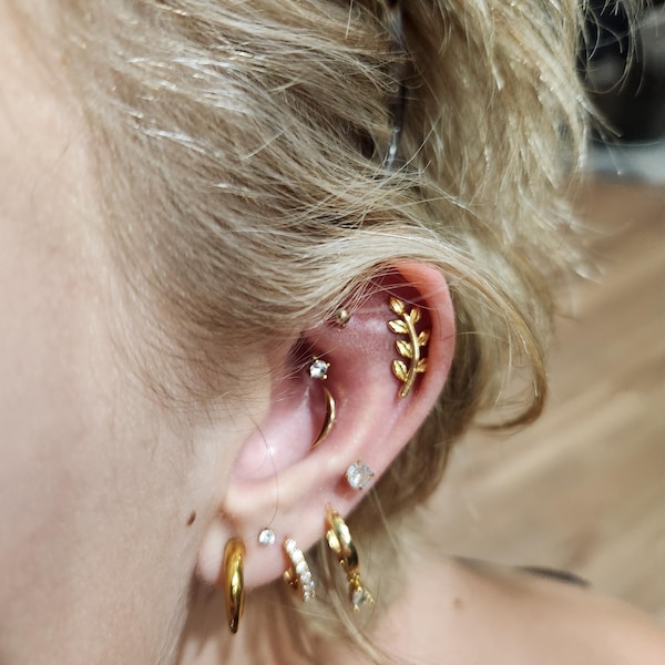 14k Solid Gold Curved Bar Stud Earring Moon Cartilage Earring Tragus ...