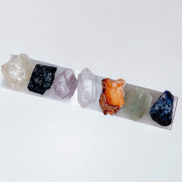 Raw Crystal 7 Chakra Set With Selenite Plate - Chakra Kit - Crystals ...