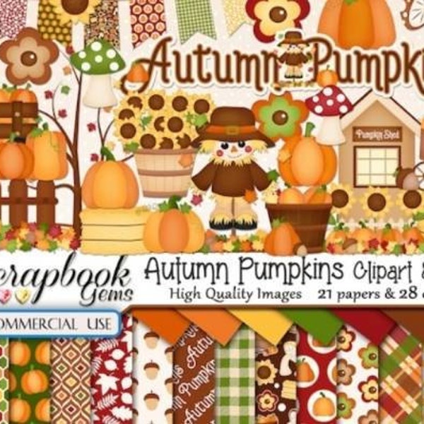 AUTUMN PUMPKINS Clipart & Papers Kit, 28 Png Clipart Files, 21 Jpeg ...