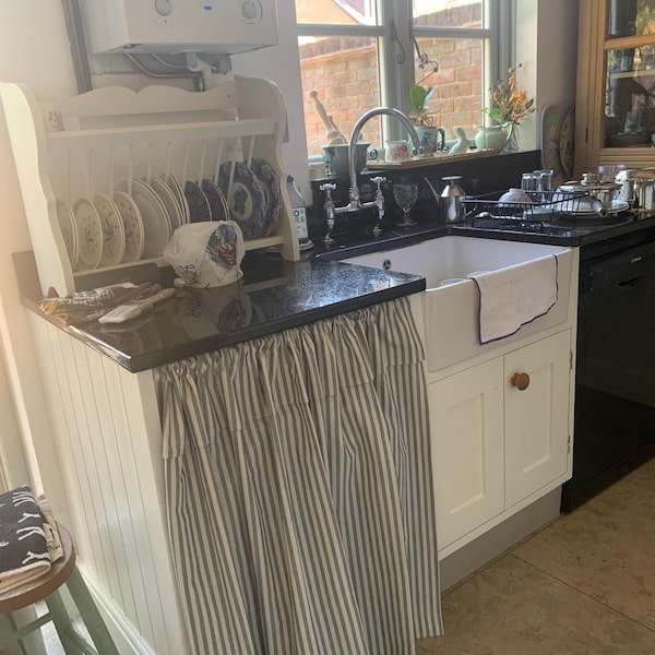 Blue Striped Kitchen Hideaway Curtain With Frill: Appliance Cupboard ...