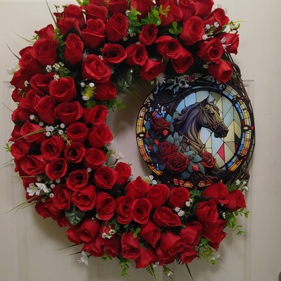Round Faux Stained Glass Race Horse Wreath Sign, Metal Wreath Sign ...