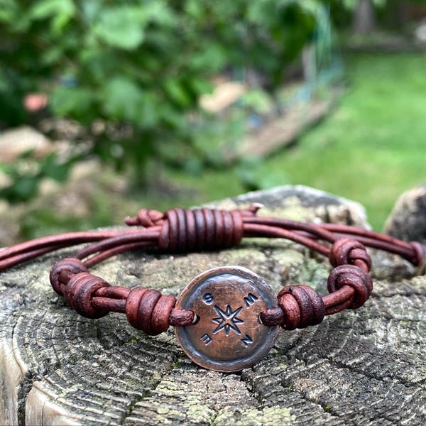 Compass Leather Bracelet, Hand Stamped Pewter Adjustable Bracelet ...
