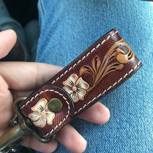 Tooled Leather Tab Key Fob - Etsy