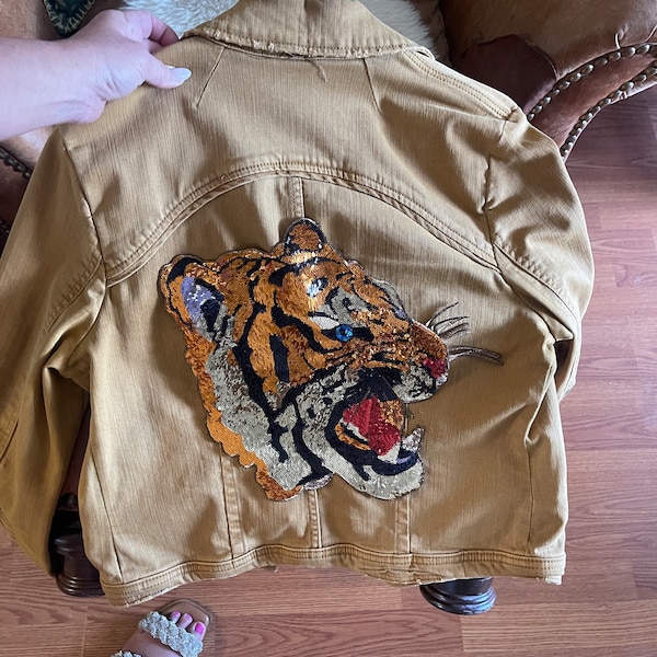 Vintage Tiger Gold Sequins Sew on Patches for Clothes Back Patch Embroidery of Denim Jackets ...