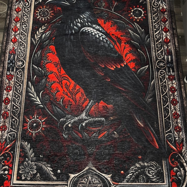 Gothic Raven Rug, Gothic Home Decor, Goth Crow Rug With Ankh Pentagram ...