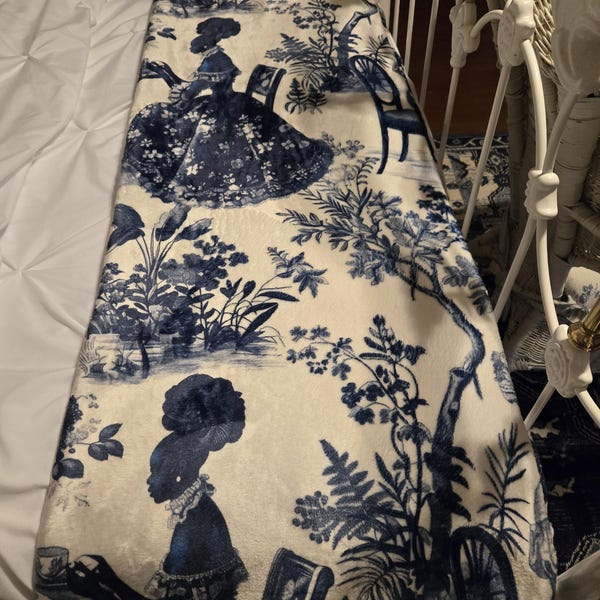 Toile De Jouy Throw Blanket, Blue Floral Blanket, Cream Blanket, Toile ...
