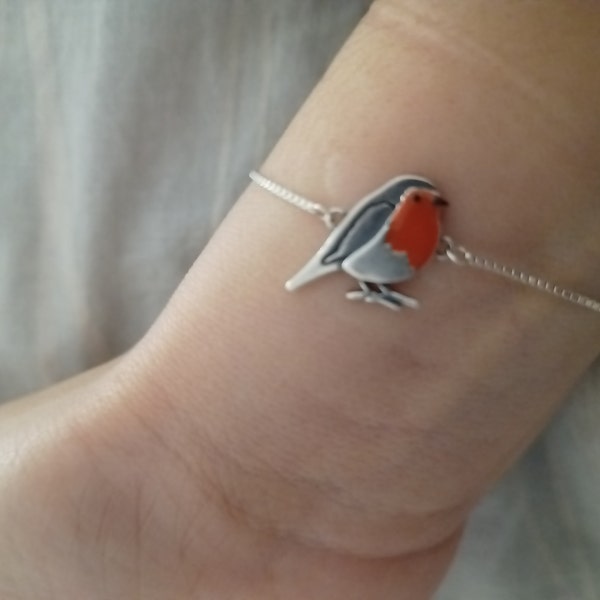Red Robin Bird Slider Bracelet. Sterling Silver and Orange Enamel ...