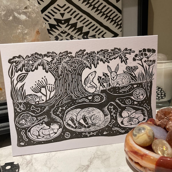 The Burrowers - Original Linocut Design Greetings Card. Black on White ...