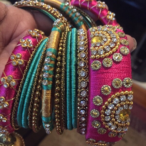 Indian Bridal Bangles Navy Blue, Purple & Gold Set of 26 Silk Thread Bridal Bangles for Both ...