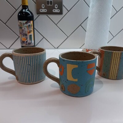 Stoneware Hand Painted/handmade Ceramic Mug, Tactile Embossed Playful ...