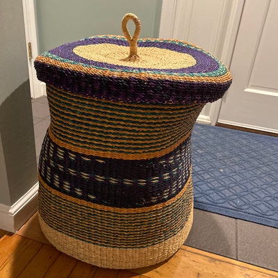 Handwoven Laundry Basket With Lid, Woven Floor Storage Basket, Bathroom ...