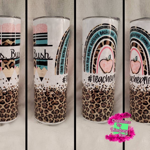 20 Oz Skinny Tumbler Rainbow Leopard Glitter Teacher Tumbler Pencil ...