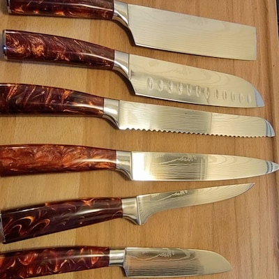 Stunning 8-piece Crimson Red Kitchen Knife Set With Damascus Pattern ...