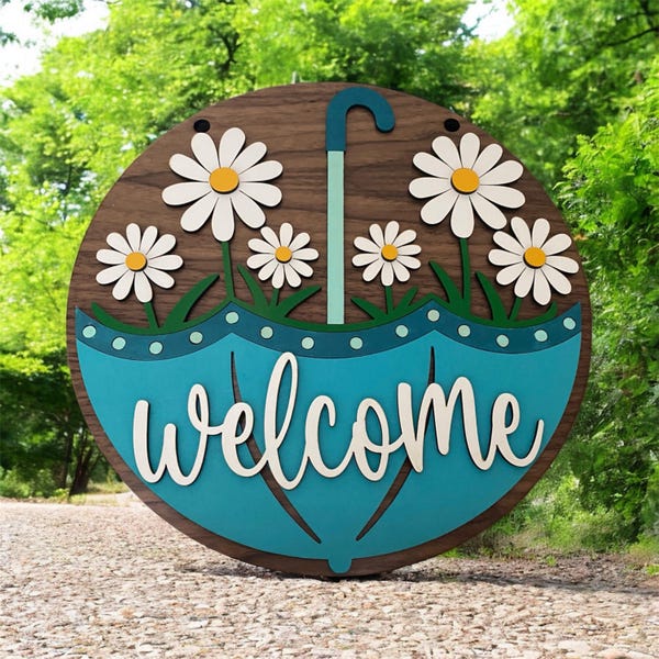 Floral Umbrella Welcome Sign Svg - Spring Door Hanger Svg - Umbrella ...