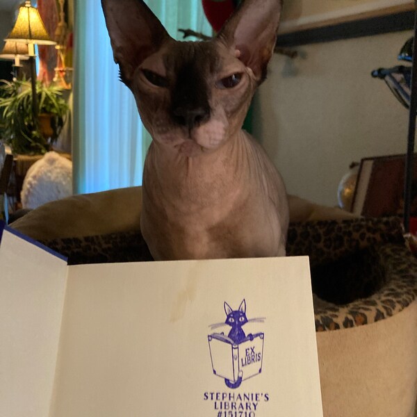 Cat Reading Library Stamp, Custom Self Inking Ex Libris Stamp, Book ...
