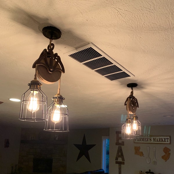 Rustic Farmhouse Pulley Lighting, Pendant Light With Antique Pulley for ...