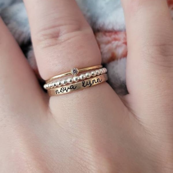 Cursive Name Ring Set | Name and Birthstone Rings | Gold Name Rings ...