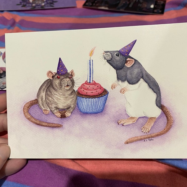 Rat Birthday Card - Two Rats Enjoying a Birthday Cake and Party - Rat ...
