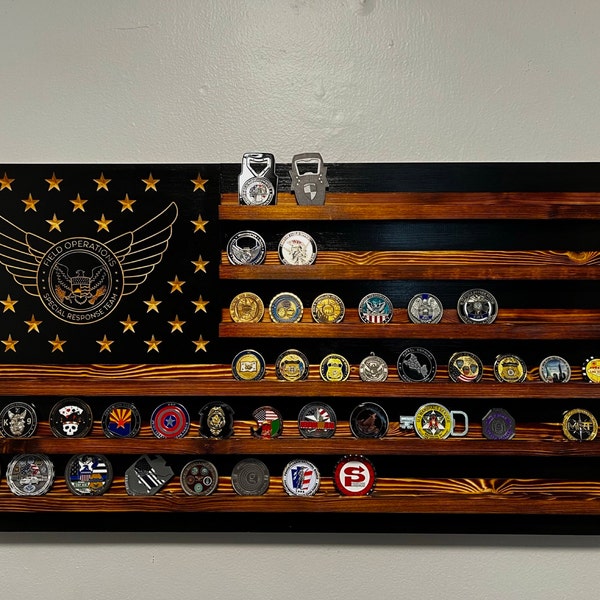 Subdued Wooden American Flag Challenge Coin Display, Holds 90-100 Coins ...