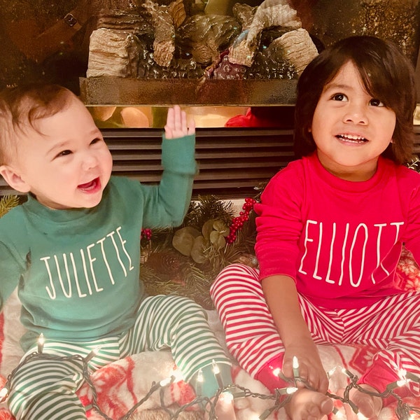 Personalized Kids Christmas Pajamas, Striped Loungewear Set - Etsy