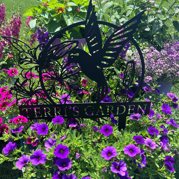 Custom Hummingbird Metal Garden Decor, Bird With Stakes Garden Sign ...