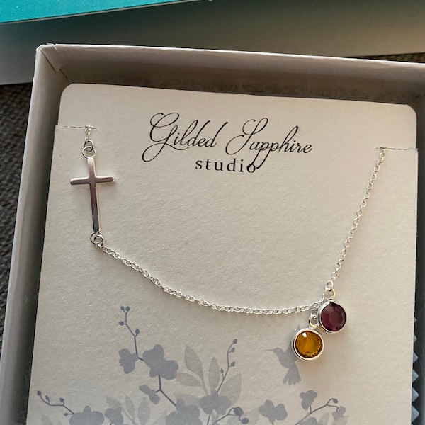 Birthstone Cross Necklace, Personalized Cross Necklace Gold or Sterling ...