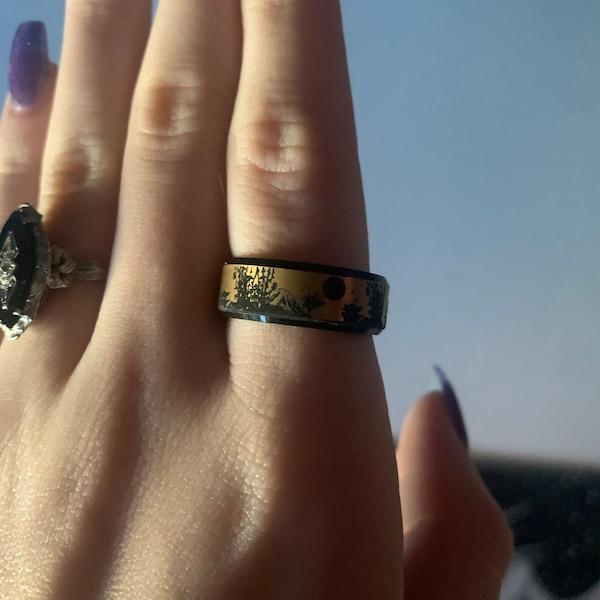 Engraved Feudal Japan Scene Ring, Old Japan Scene Ring, Nihon Japanese Architecture Ring, Rising ...