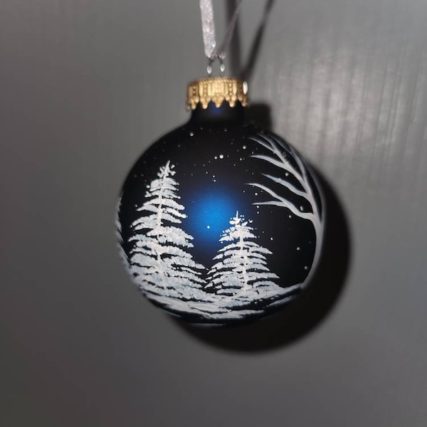 Light Blue Snowy Winter Mountain Scene Hand Painted Glass Christmas ...