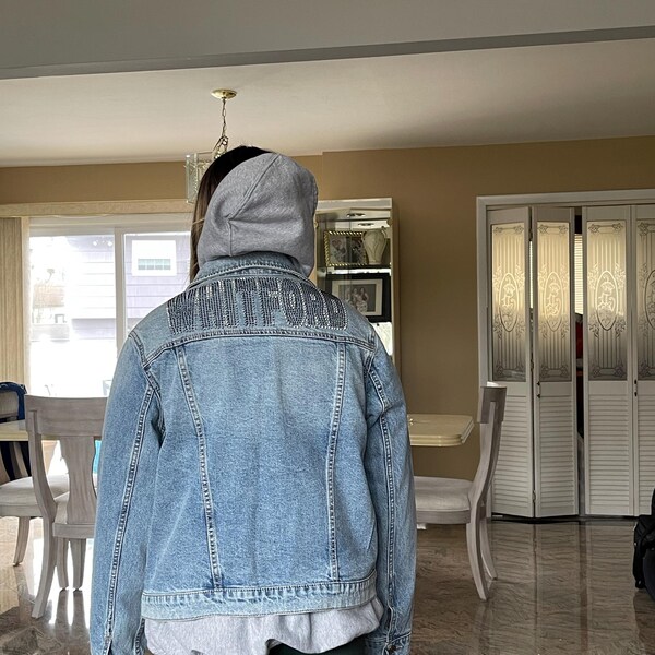 Custom Rhinestone SPORTS FAN Denim Jacket With Sports Ball Sleeves ...