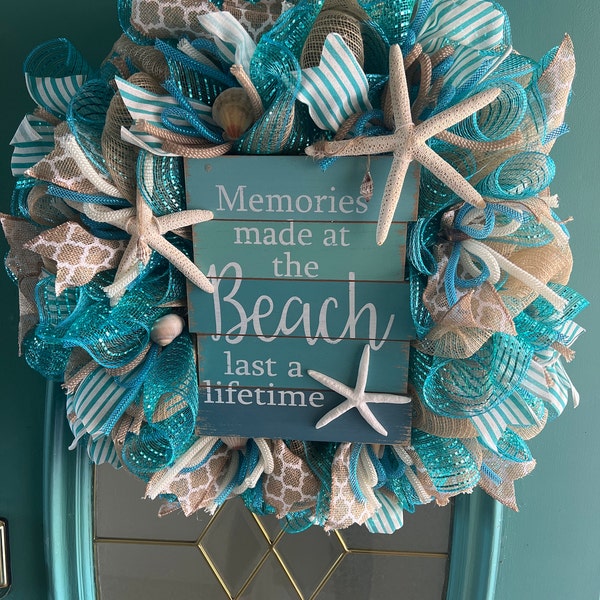 White Anchor Mesh Swag Wreath With Starfish and Florals, Beach Swag ...