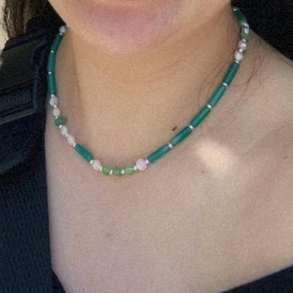 Jade Waves & Mist: Handmade Agate, Pearls, and Jade Necklace｜chocker ...