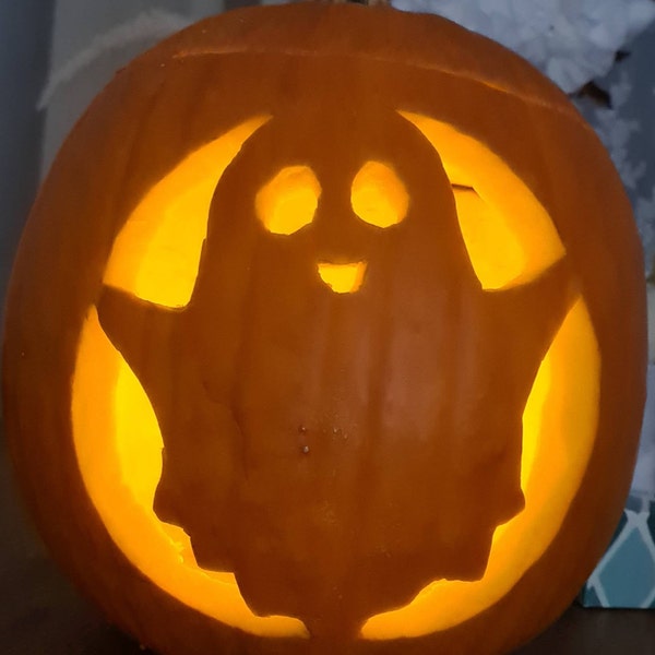 Printable Cute Ghost Pumpkin Carving Stencil | Halloween Pumpkin Cute Ghost Carving Template ...