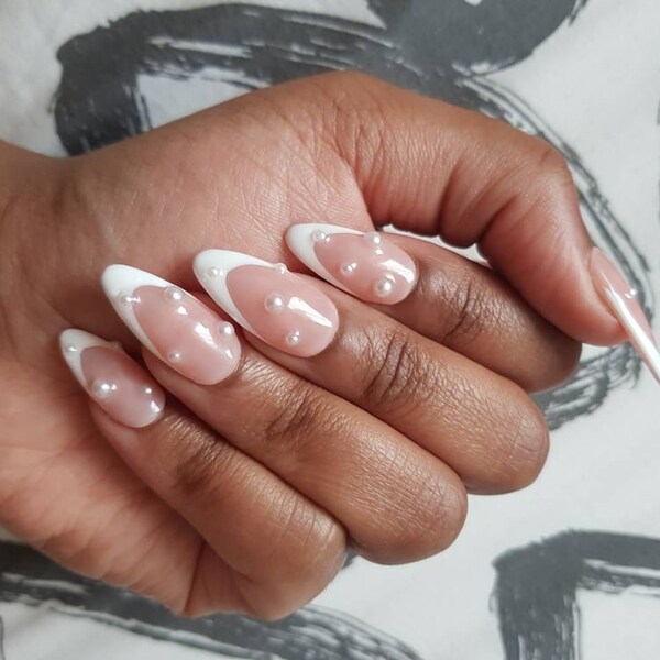Pearl White French Tip Press on Nails | Almond Nails, Coffin Nails ...