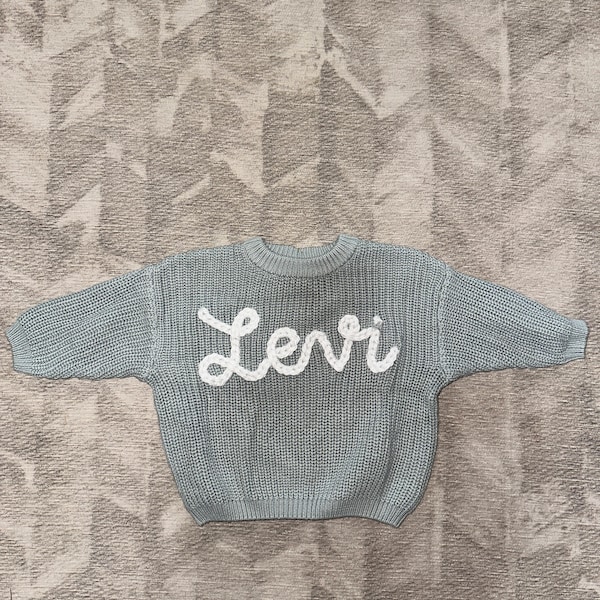 Sky Blue Baby Name Sweater, Hand Embroidered Sweater, Chunky Knit ...