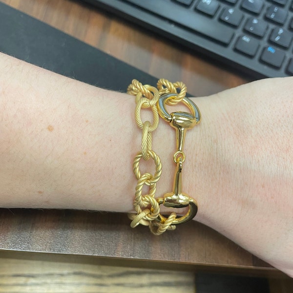 Equestrian Snaffle Bit Double Wrap Bracelet: Matte Gold Rope Chain ...