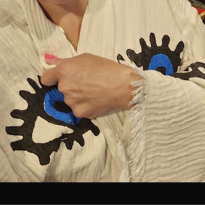 Turkish Cotton Green Evil Eye Kimono, Cardigan Robe, Evil Eye Ethnic ...