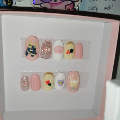 Cute Yellow Duck Flower Hand Painted Mix Reusable Nail L Press on Nails ...