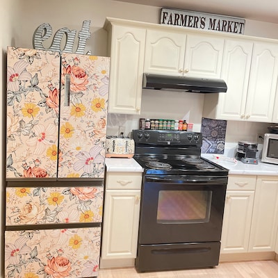 Boho Fridge Wrap Vintage Floral Refrigerator Wrap Vinyl Side by Side ...