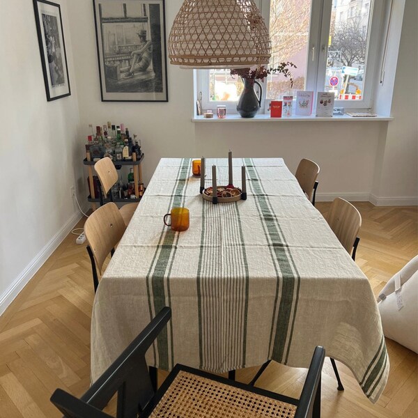 Heavy Linen Tablecloth for Easter Table - French Style Striped Washed ...