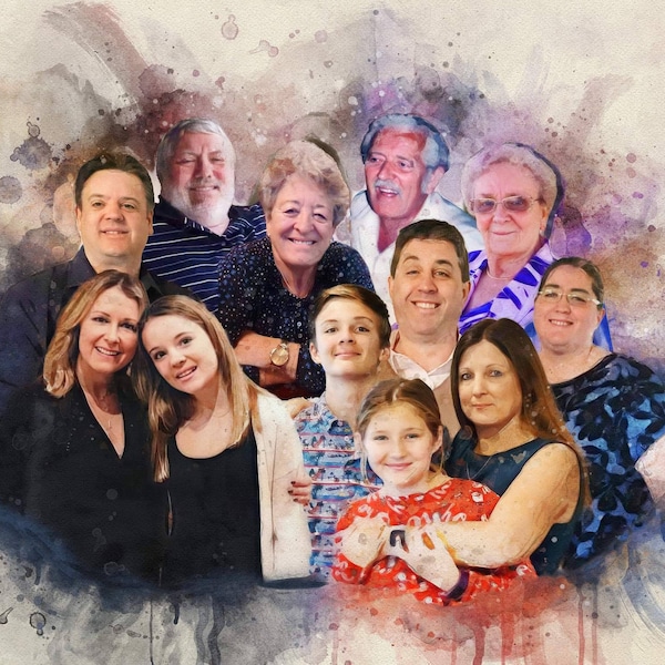 Watercolor Family Portrait From Multiple Photos, Merge Different Photos ...