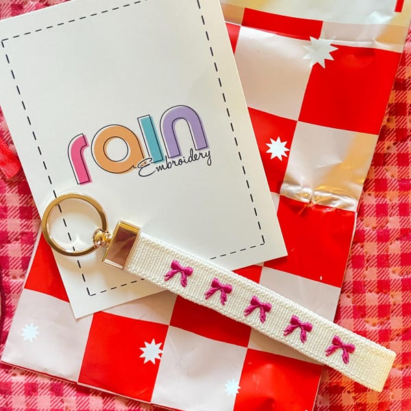 Pink Bow Keychain / Bow Embroidered Keychain / Coquette Bow Embroidery ...