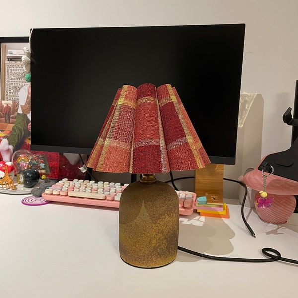 Handmade Red Plaid Fabric Lamp With Brown Ceramic Base for Home Decor ...