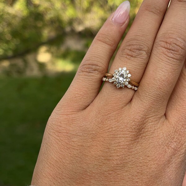 Minimalist Open Gap Wedding Band, 0.17TW Marquise and Round Moissanite ...