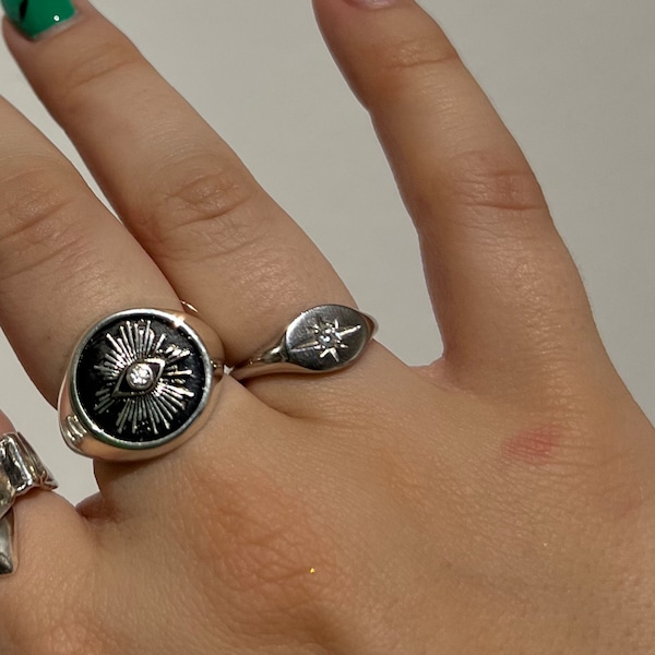 Sterling Silver Eye Signet Ring With Enamel & CZ - Unisex - Etsy