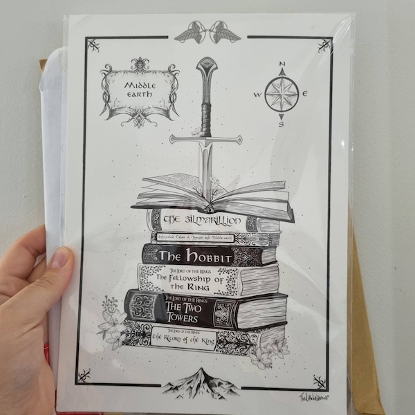 Tolkien Inspired Hand Drawn Book Stack Illustration Print // Lotr ...