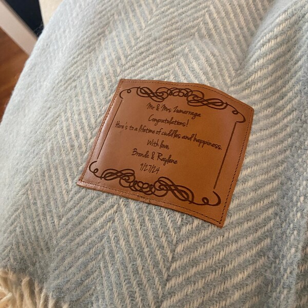 Woollen Throw Personalised With a Message Engraved on a Gold Leather ...